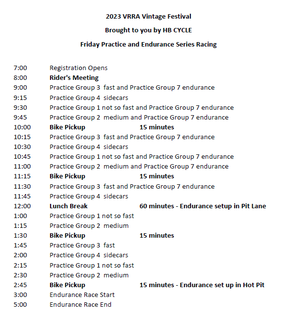 2023 Vintage Festival Schedule - Vintage Road Racing Association